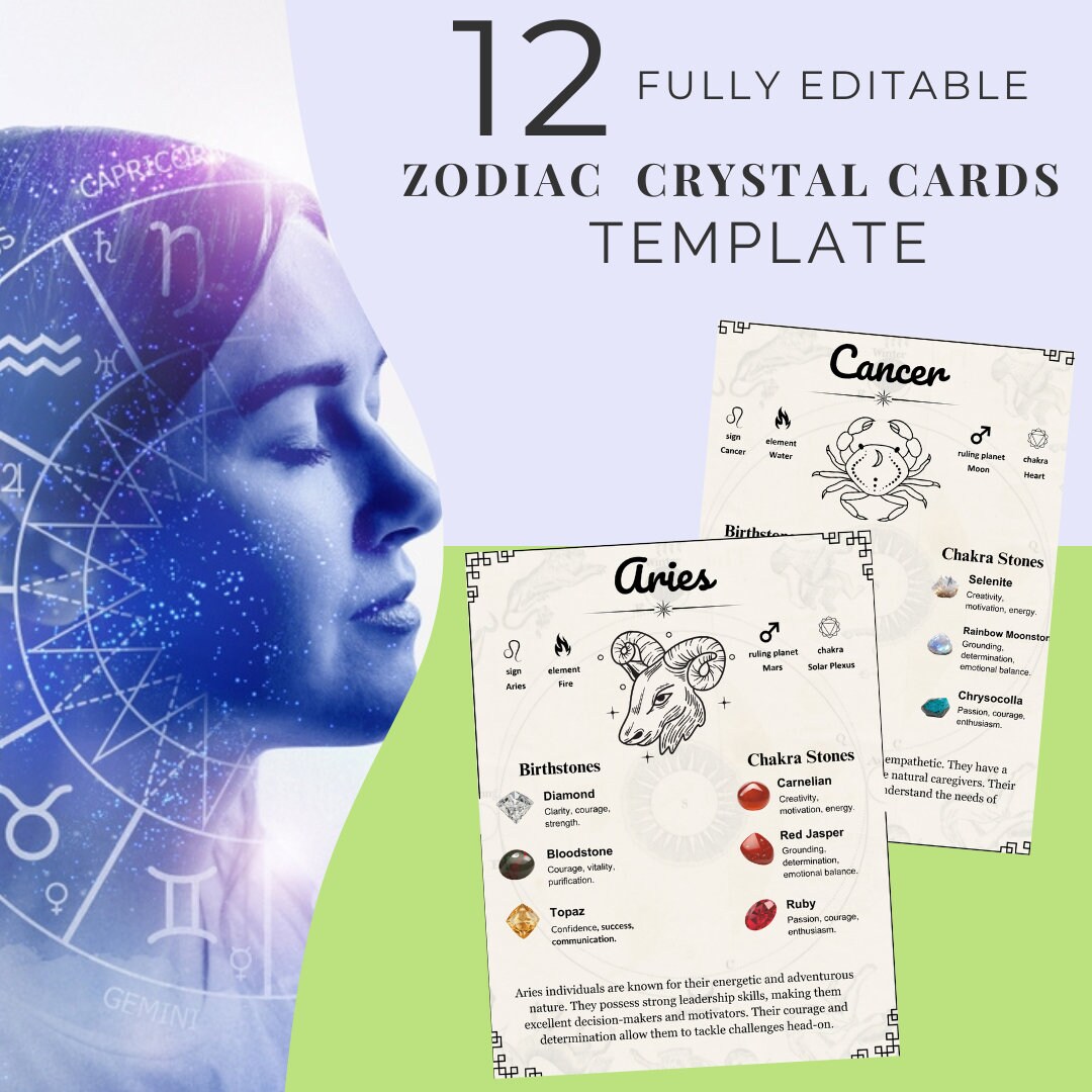 12 Editable and Printable Zodiac Crystal Cards, Zodiac Sign Cards With ...