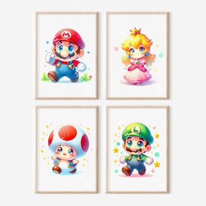 Cute Set of 4 Super Mario Posters - Super Mario Painting, Mario Wall ...