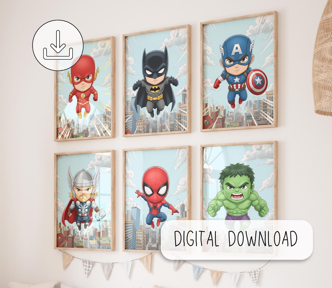 Set of 6 Colorful Superhero Posters - Cute Printable Prints - Superhero ...