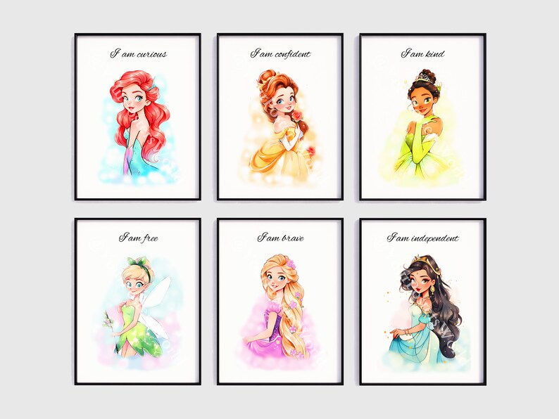 Princesses Set of 6 Digital Posters Wall Art Girl Room Decor Princess ...