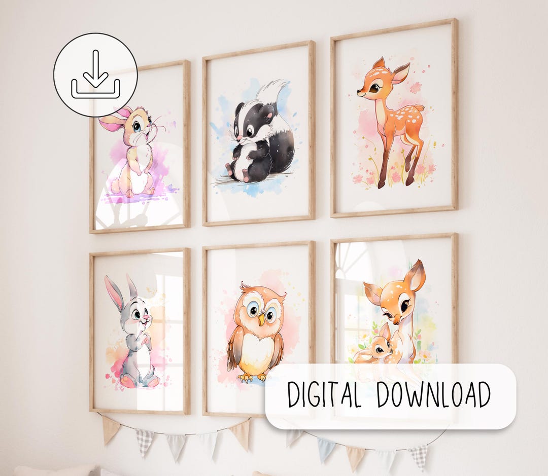 Set of 6 Bambi Characters - Watercolor Bambi Poster - Nursery Room ...