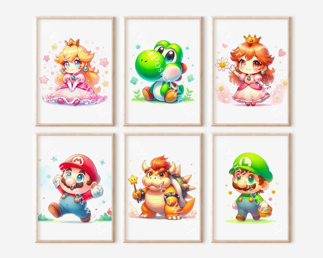 Cute Set of 6 Super Mario Posters, Super Mario Painting Mario Wall Art ...