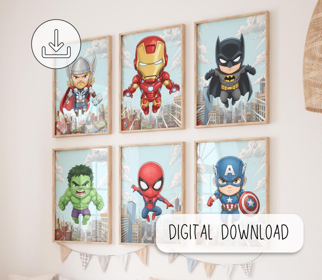 Set of 6 Colorful Superhero Posters - Cute Printable Prints - Superhero ...