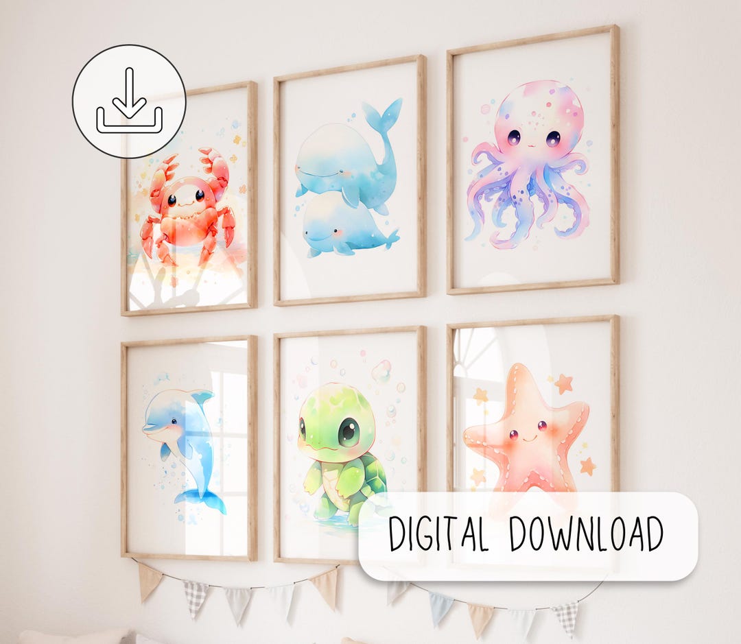 Under the Sea Animals Set of 6 - Cute Ocean Baby Animals - Watercolor ...