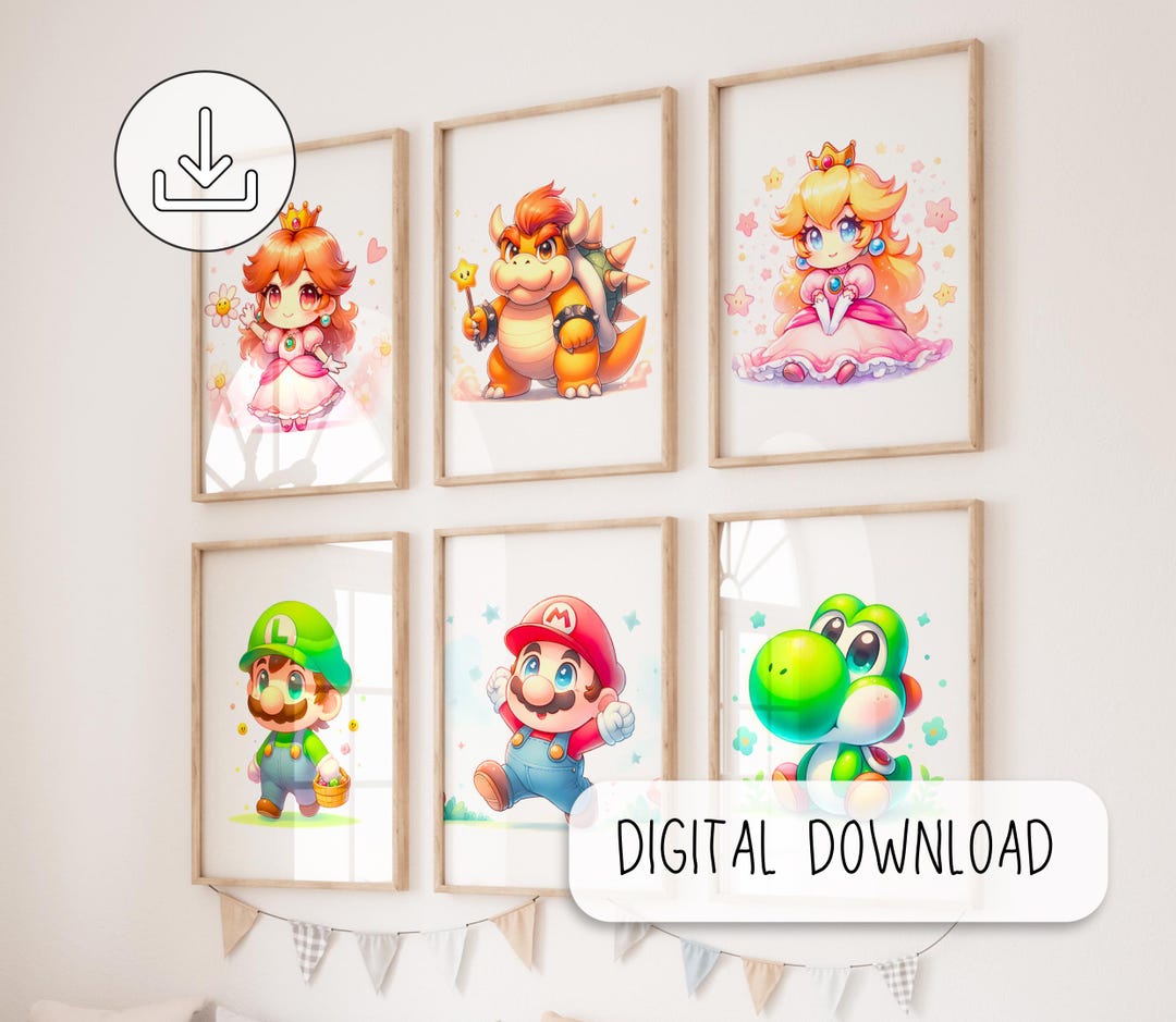 Cute Set of 6 Super Mario Posters, Super Mario Painting - Mario Wall ...