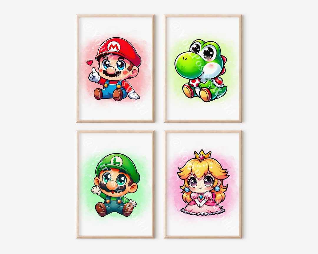 Cute Set of 4 Super Mario Posters - Super Mario Painting, Mario Wall ...