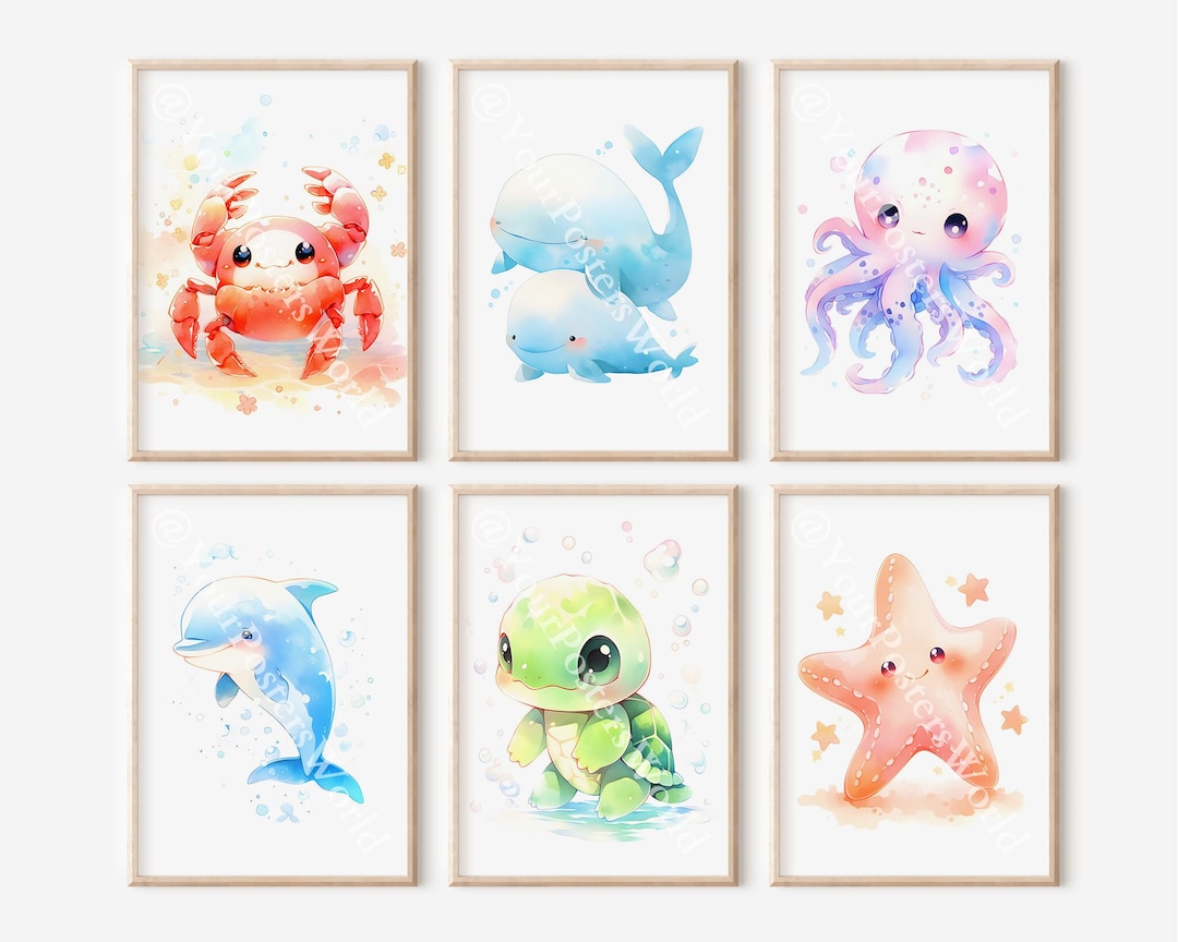 Under the Sea Animals Set of 6 Cute Ocean Baby Animals Watercolor ...