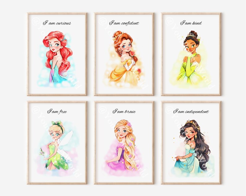 Princesses Set of 6 Digital Posters Wall Art Girl Room Decor Princess ...