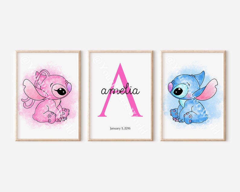 Personalized Lilo and Angel Watercolor Art, Nursery Room Wall Decor ...