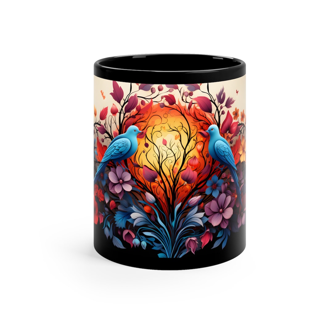 Tranquil Blue Doves and Colorful Blossoms - 11 Oz Black Coffee Mug - Etsy