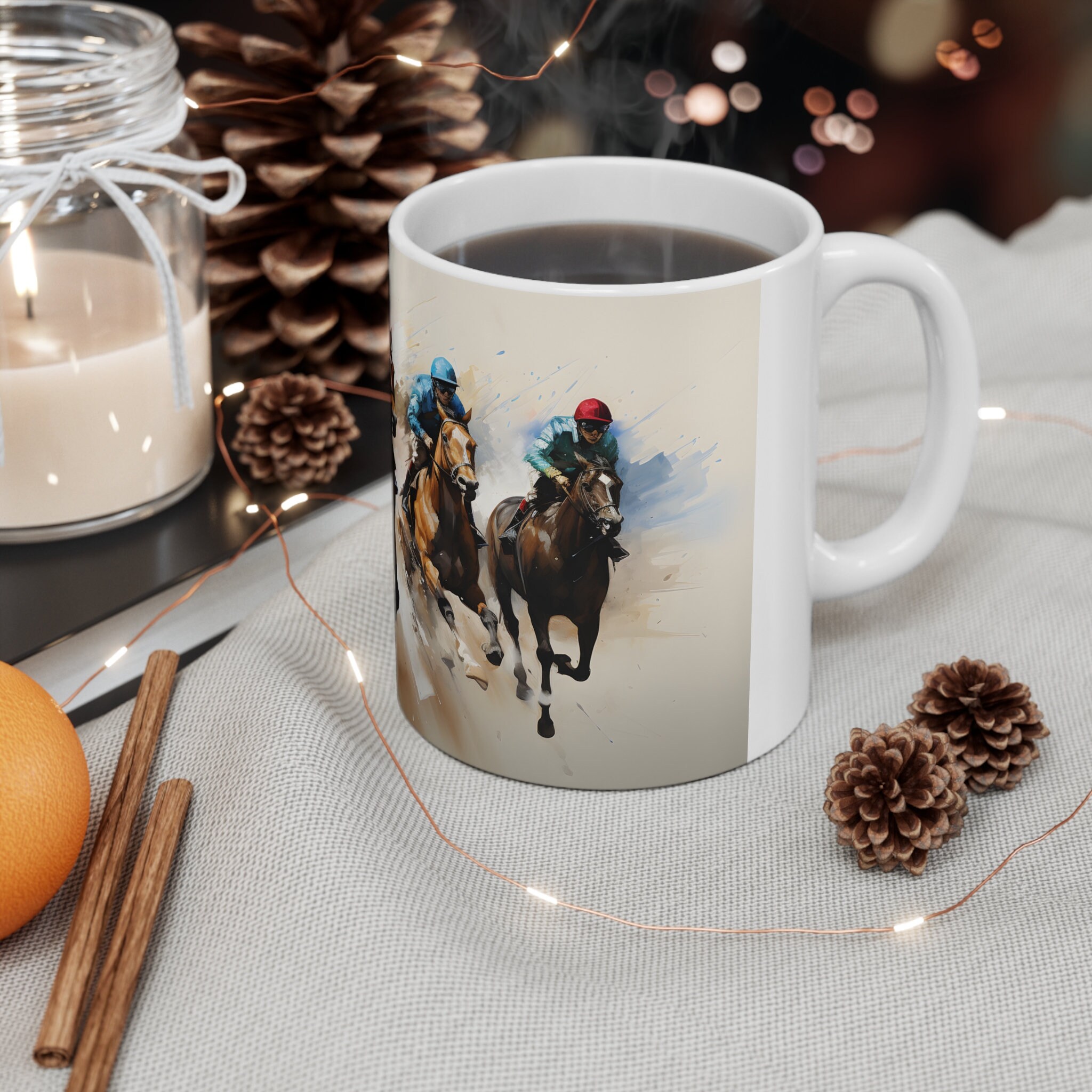 Colorful Race Horses Ceramic Mug - 11 Oz - Equestrian Art Coffee Cup ...