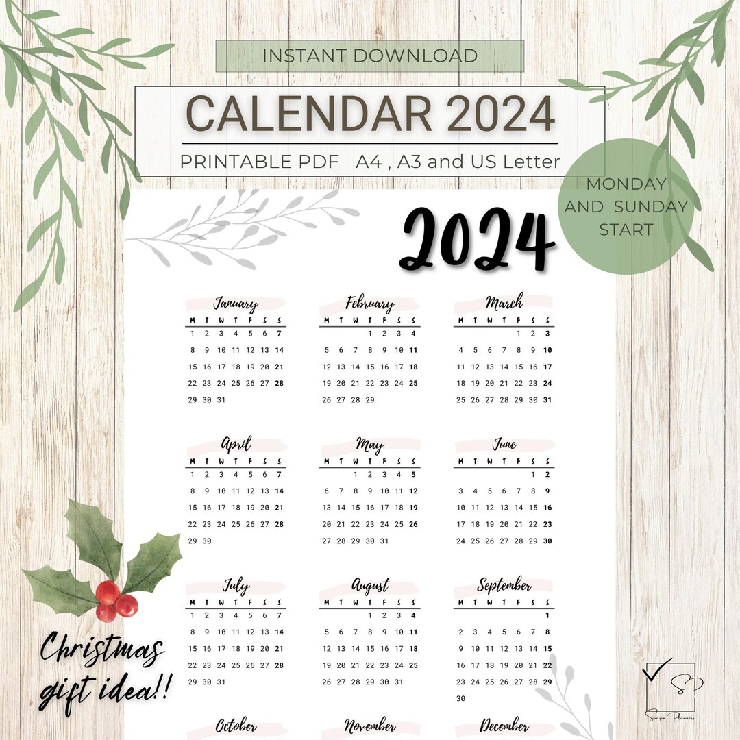 Printable Calendar 2024 Botanical Flowers Nice Christmas Gift Digital ...