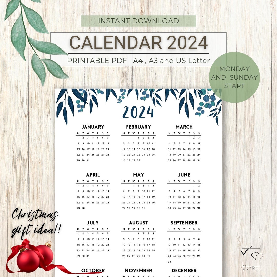 Printable Calendar 2024 Botanical Blue Flowers Nice Christmas Gift ...