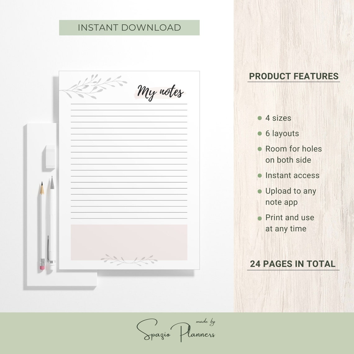 Printable Notes Page With Leaves, Lined Notes Template, Note Taking ...