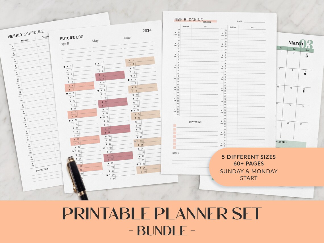 Yearly Printable Planner Bundle, Monthly, Weekly, Daily Pages, Colorful ...