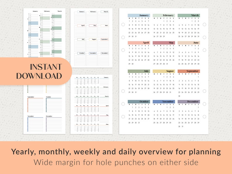 Yearly Printable Planner Bundle, Monthly, Weekly, Daily Pages, Colorful ...