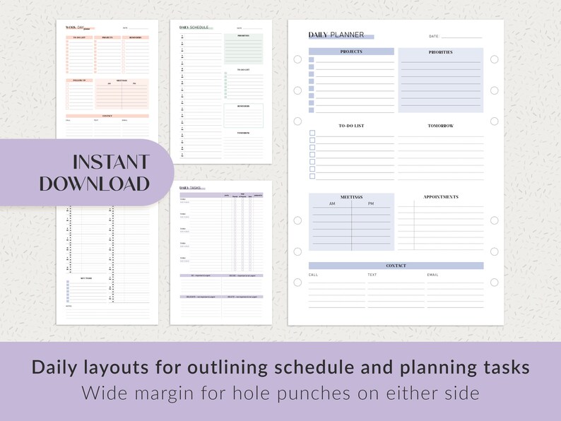 Daily Planner Printable Inserts, Colorful Schedule, To-do List, Task ...