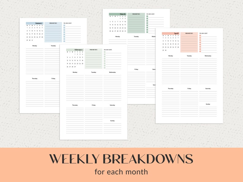 Yearly Printable Planner Bundle, Monthly, Weekly, Daily Pages, Colorful ...
