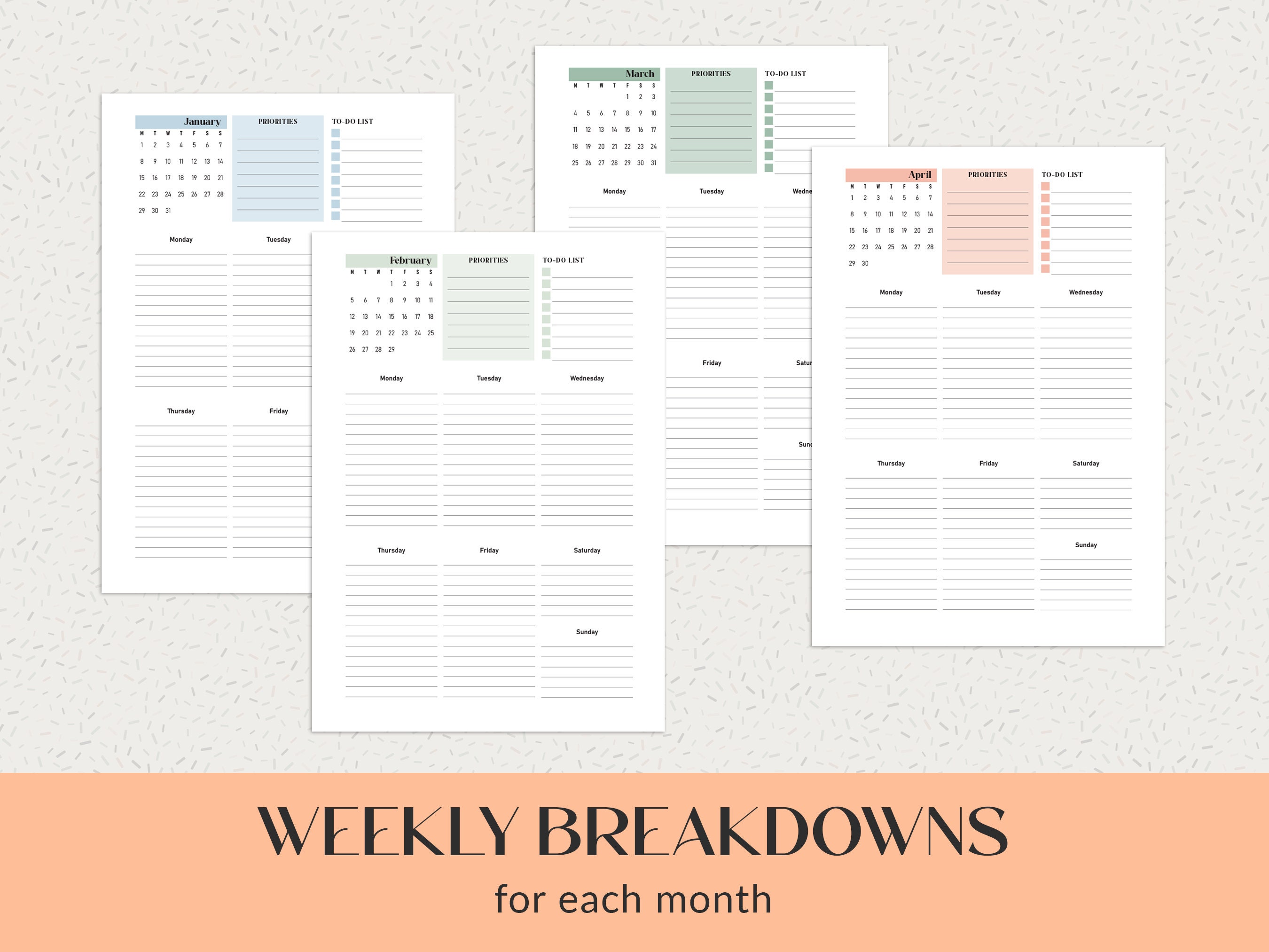 Yearly Printable Planner Bundle, Monthly, Weekly, Daily Pages, Colorful ...