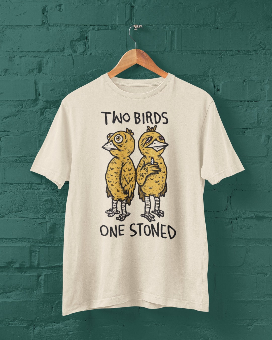 Two Birds One Stoned Funny Cartoon T-shirt, Quirky Weed Graphic Tee ...