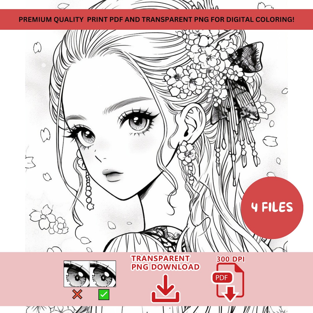 Anime Coloring Page [hana Hime] 300 DPI PDF and Transparent PNG ...