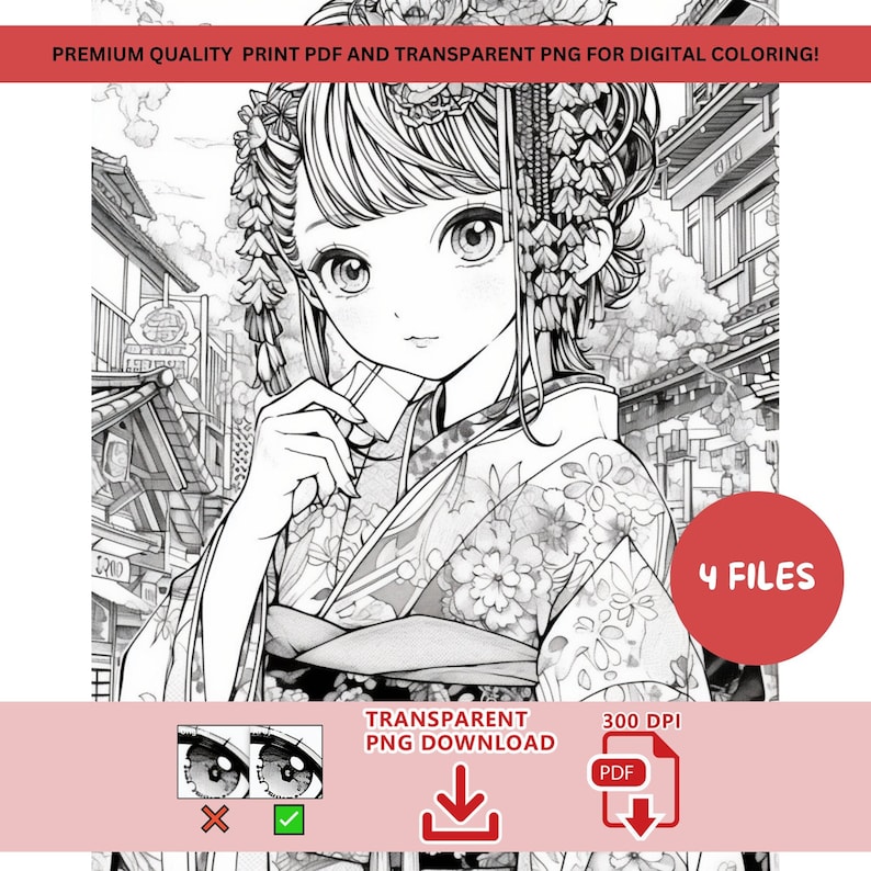 Anime Coloring Page [summer Matsuri] 300 DPI PDF and Transparent PNG ...