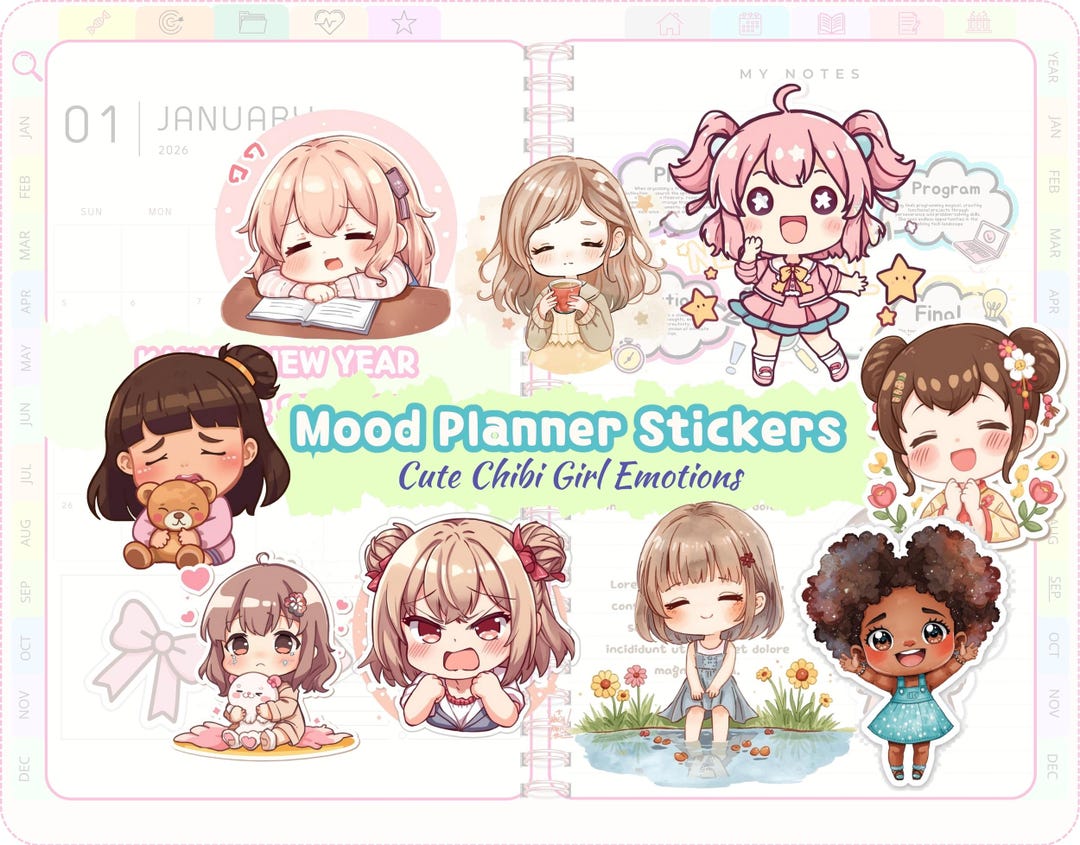 Mood Planner Stickers | Cute Chibi Girl Emotions | Daily Mood Tracker ...