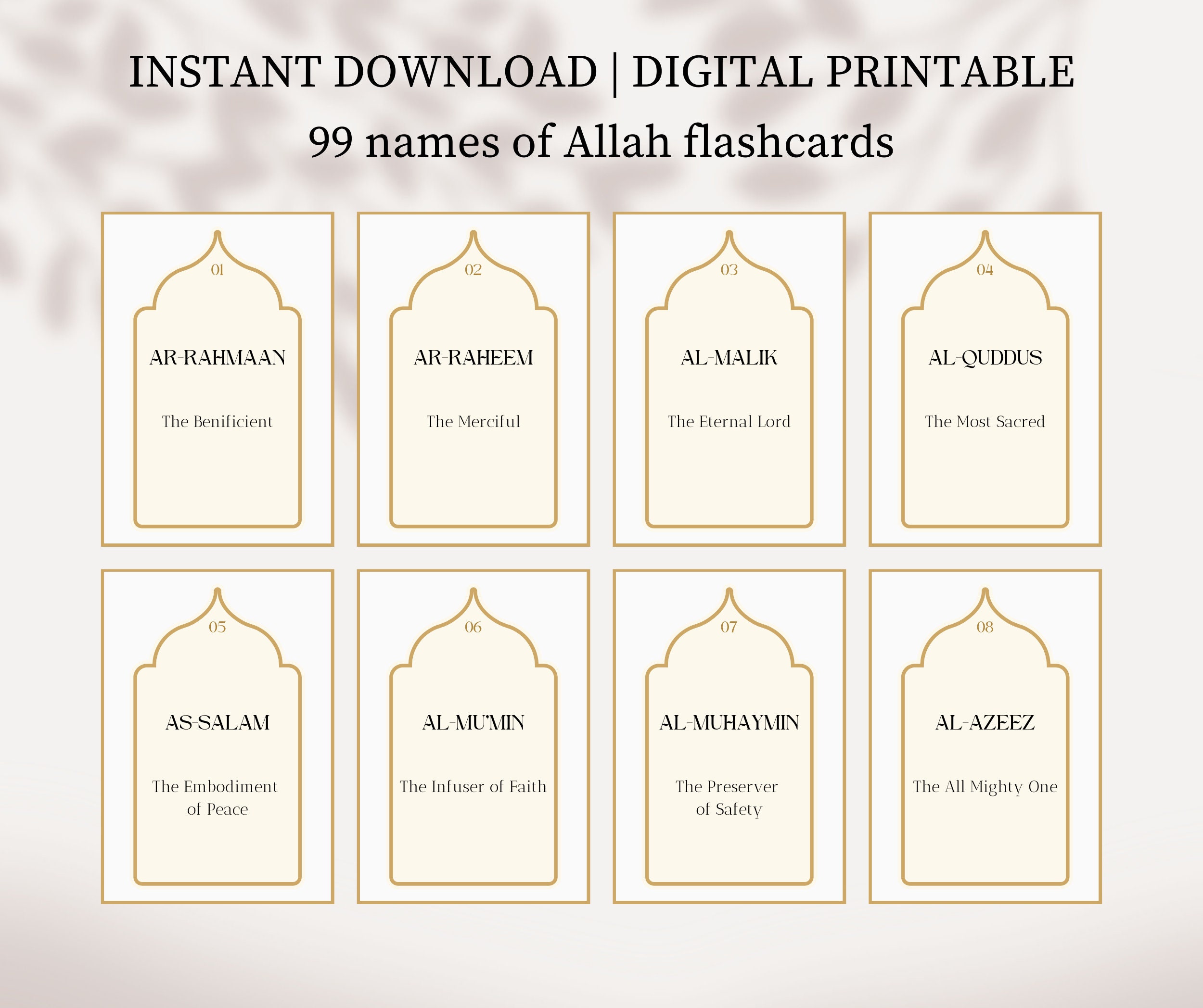 99 Names of Allah Flash Cards, Learn Islam, Flash Cards Printable ...