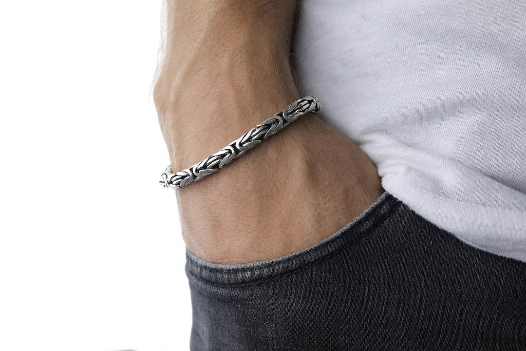 925 Sterling Silver Round King Chain Bracelet, Byzantine Men Bracelet ...