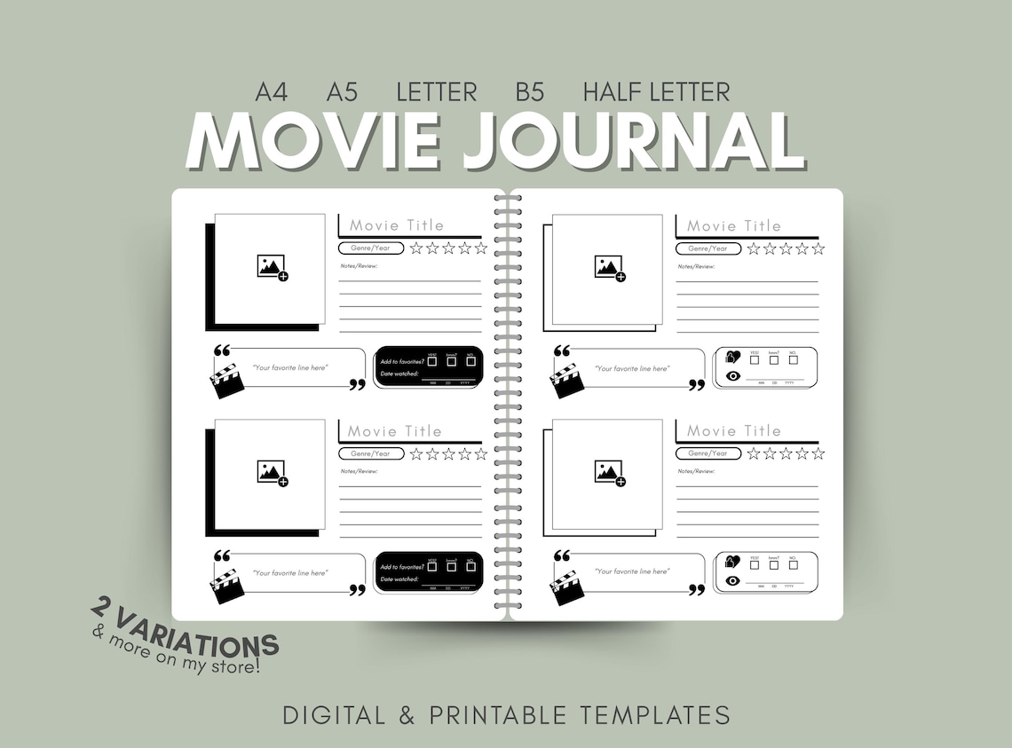 Movie Journal Template: Film Lover's Movie Tracker (PDF Instant ...