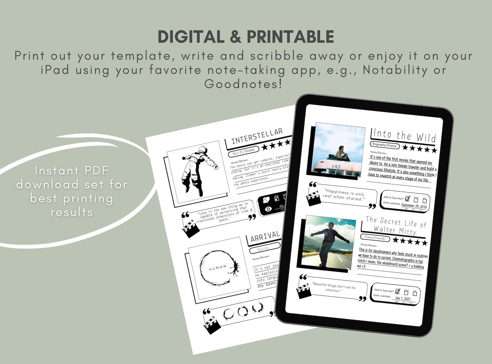 Movie Journal Template Movie Tracker | Digital Printable for iPad ...
