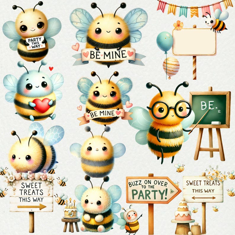 Bee Birthday Party Clipart Bundle, Happy Bee Day, Funny Birthday, Cute ...