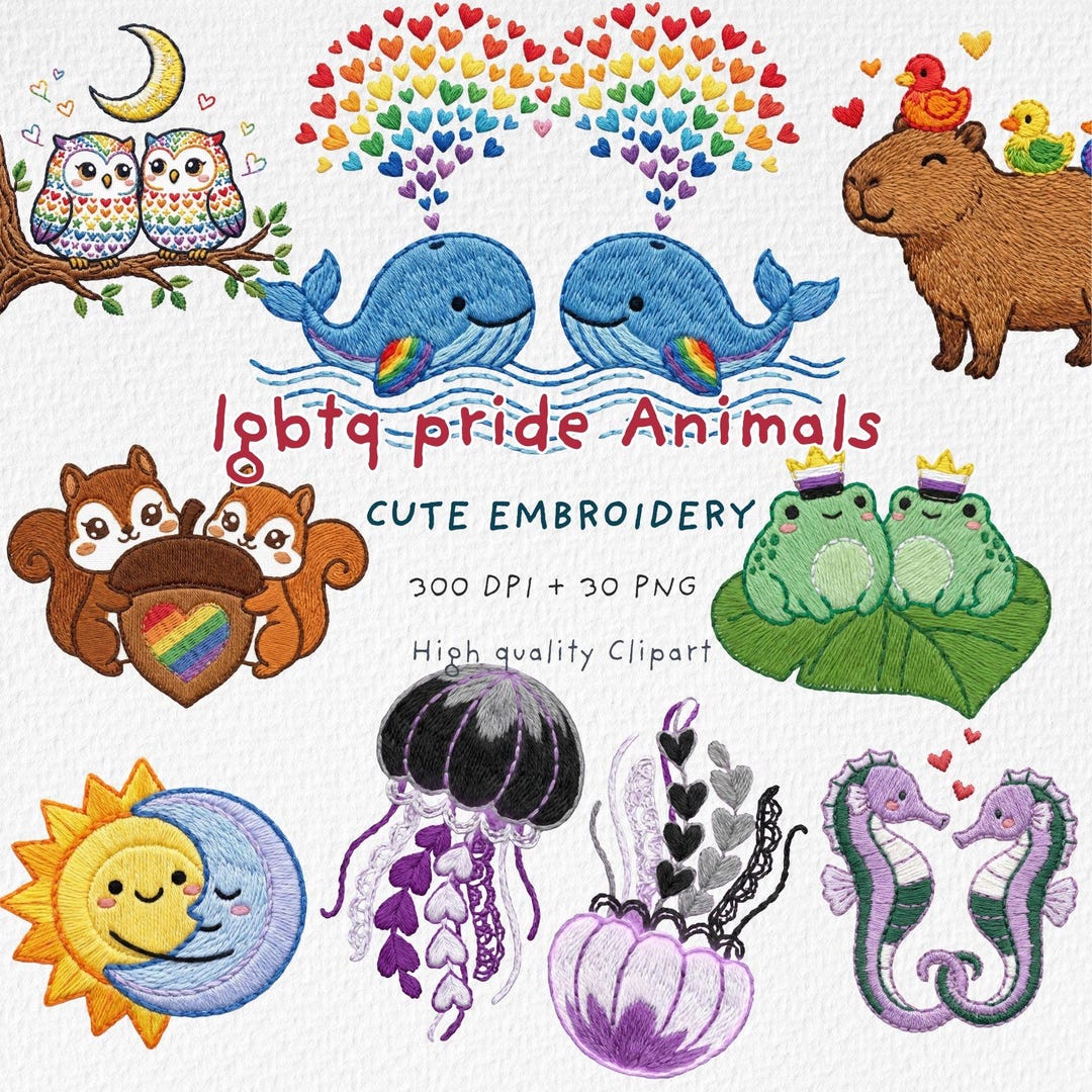 LGBTQ Pride Animals Embroidery Clipart, Cute Rainbow Animal PNG ...