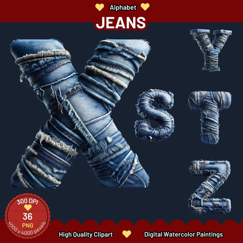 Denim Alphabet, Denim Clipart, Watercolor Denim Clipart, Denim Jeans ...