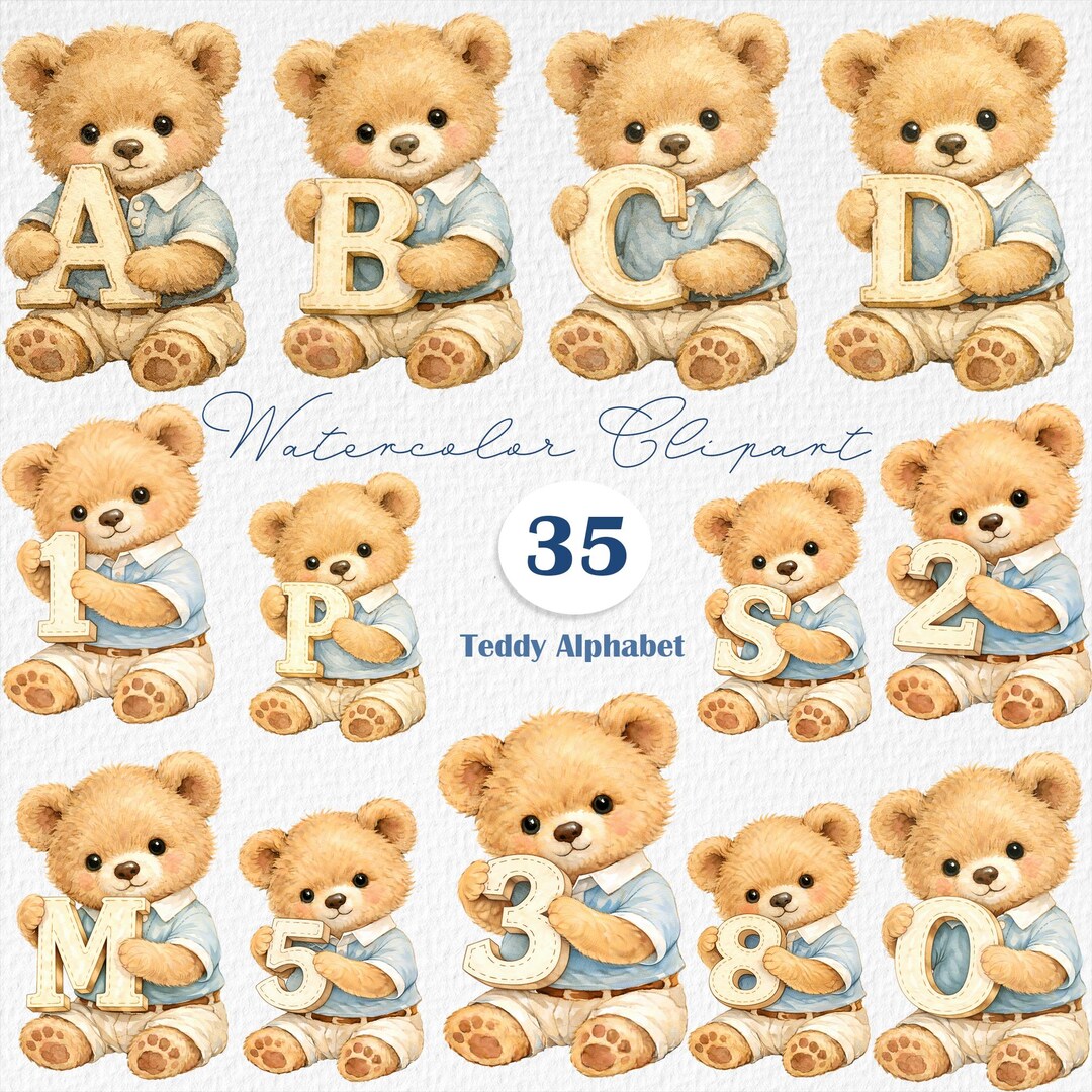 Teddy Alphabet Clipart Bundle, Cute Baby Bear Letters Numbers ...