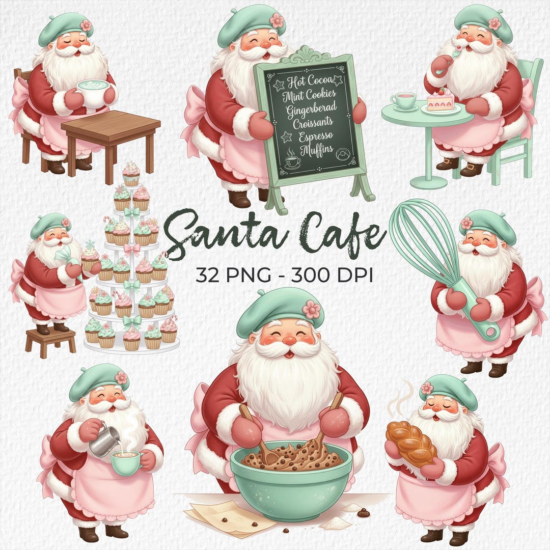 Santa Cafe Bakery Clipart Bundle, 32 PNG Watercolor Christmas Baking ...