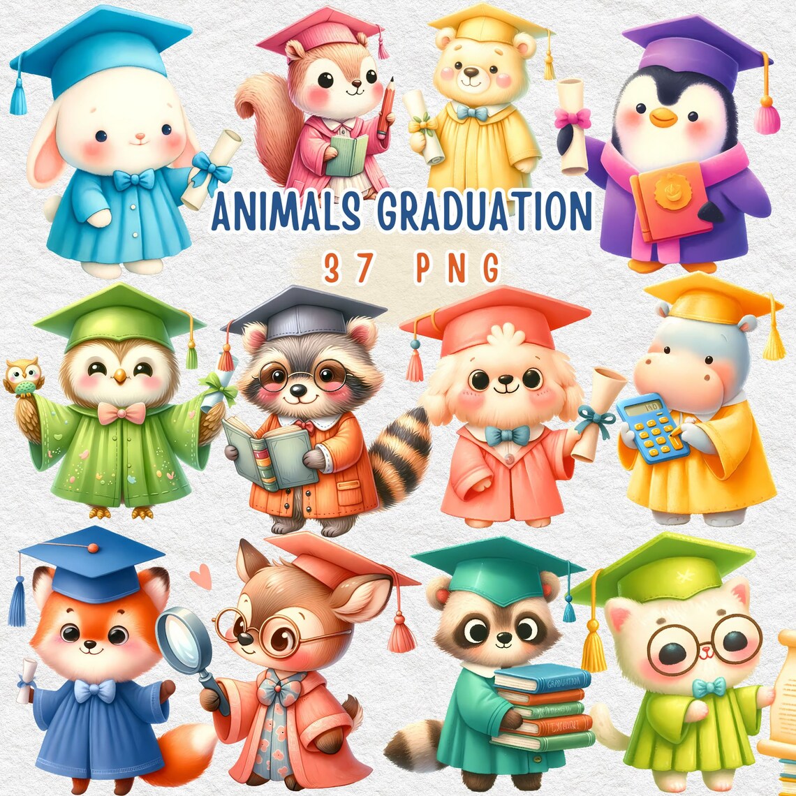 Animals Graduation Clipart, Watercolor Cute Graduation Animals Clipart ...