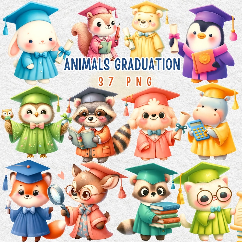 Animals Graduation Clipart, Watercolor Cute Graduation Animals Clipart ...