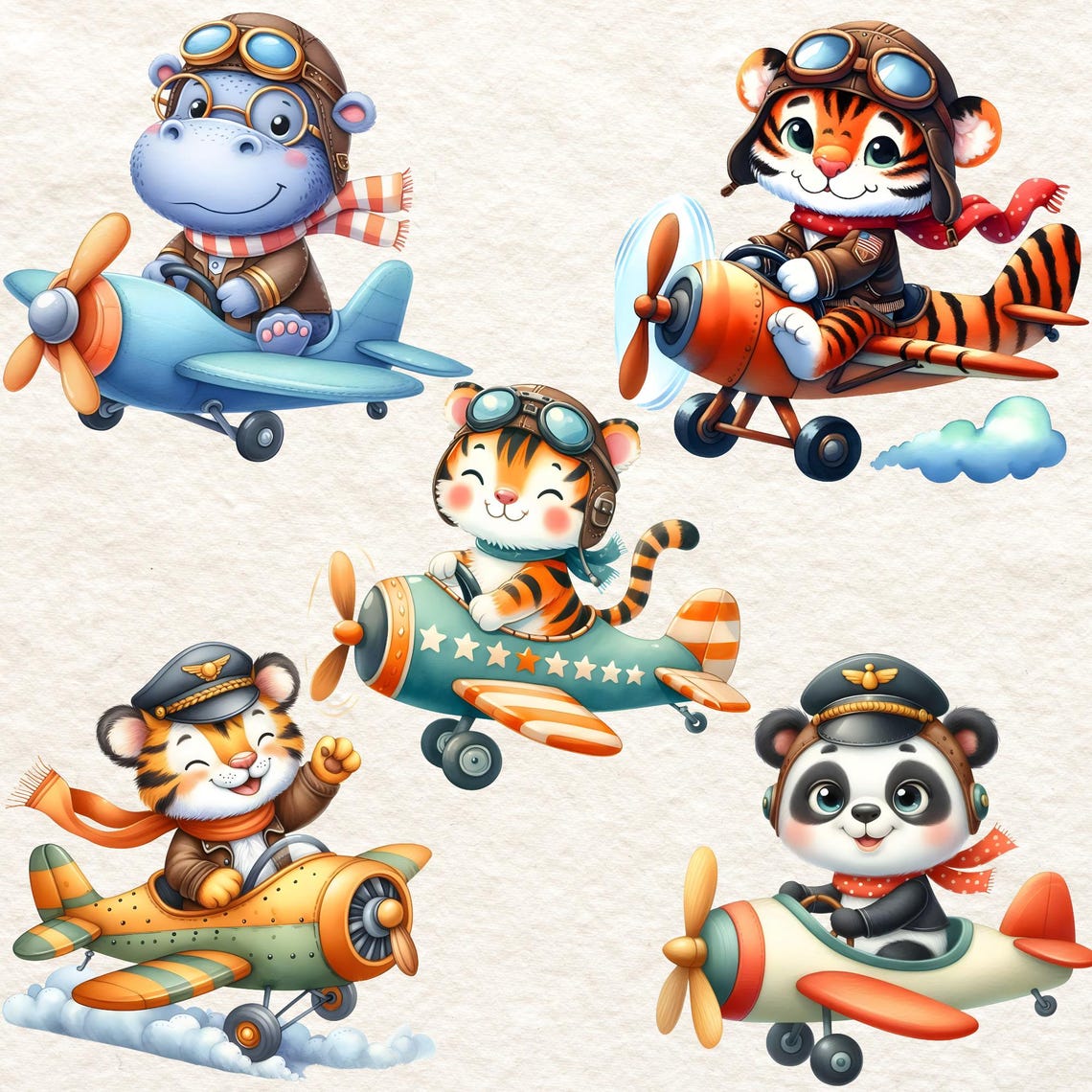 Vintage Pilot Animal Clipart: Airplane Nursery Art (digital Download ...