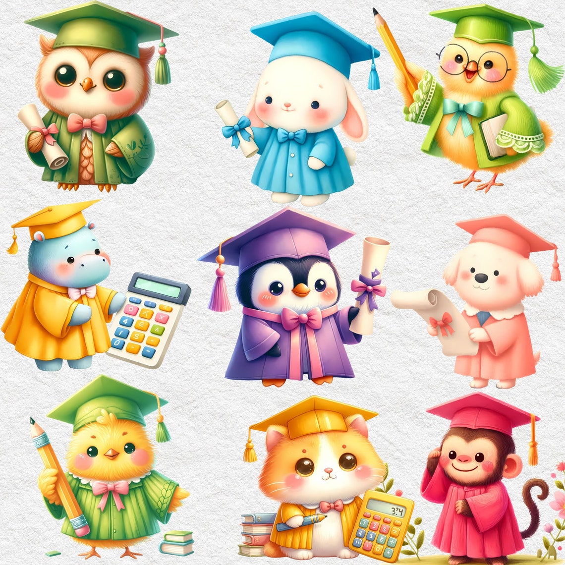 Animals Graduation Clipart, Watercolor Cute Graduation Animals Clipart ...