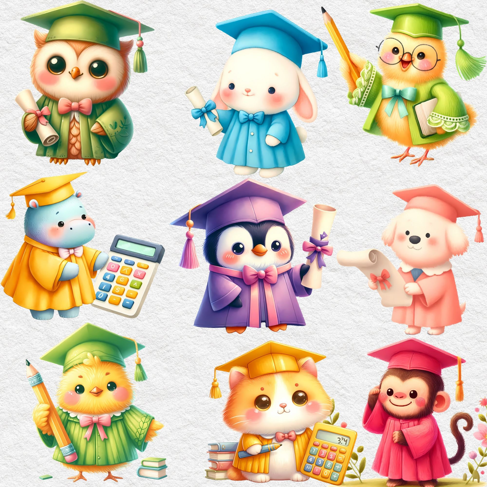 Animals Graduation Clipart, Watercolor Cute Graduation Animals Clipart ...