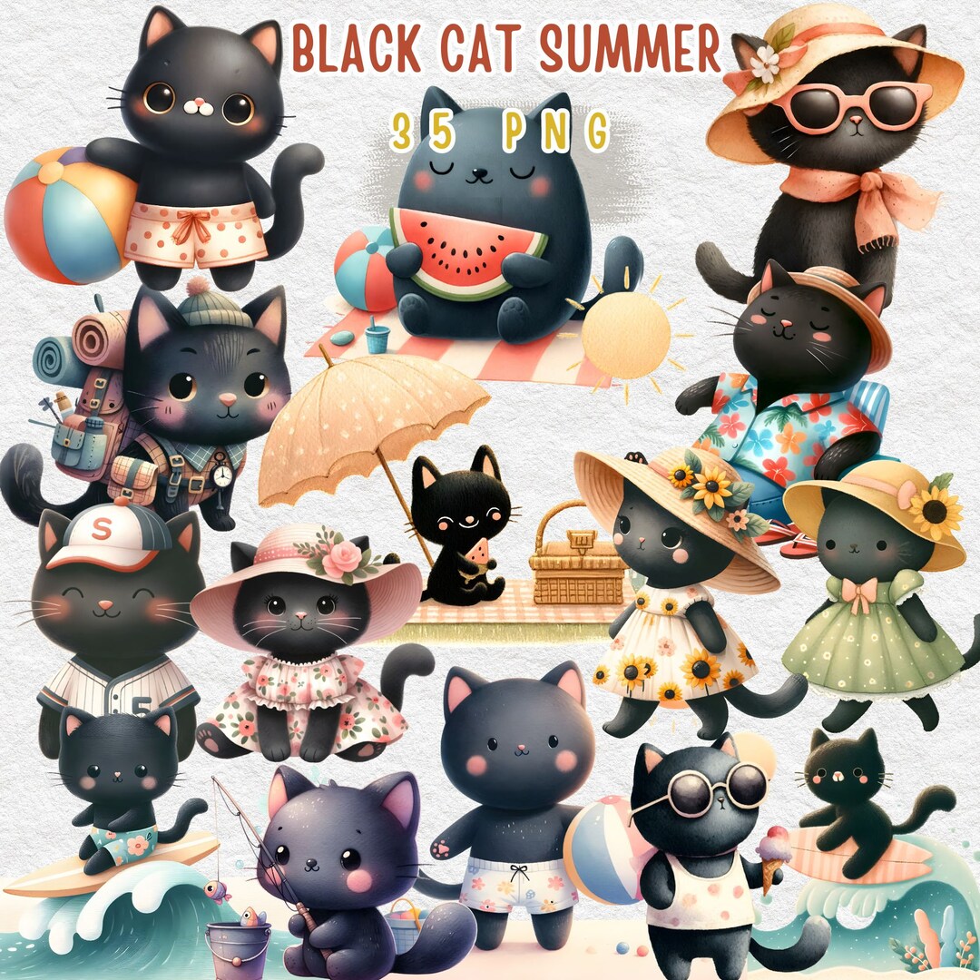 Black Cat Summer, Cat Summer, Black Cat Clipart, Hawaiian PNG, Decor ...