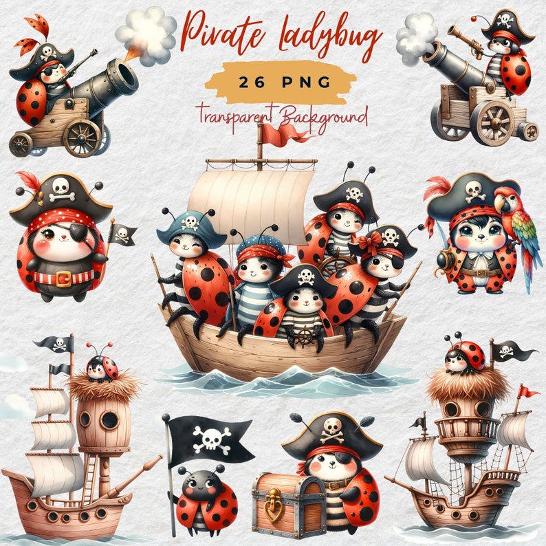 Pirate Ladybug Clipart, Love Bug Clipart, Valentine Sublimation, Cute ...