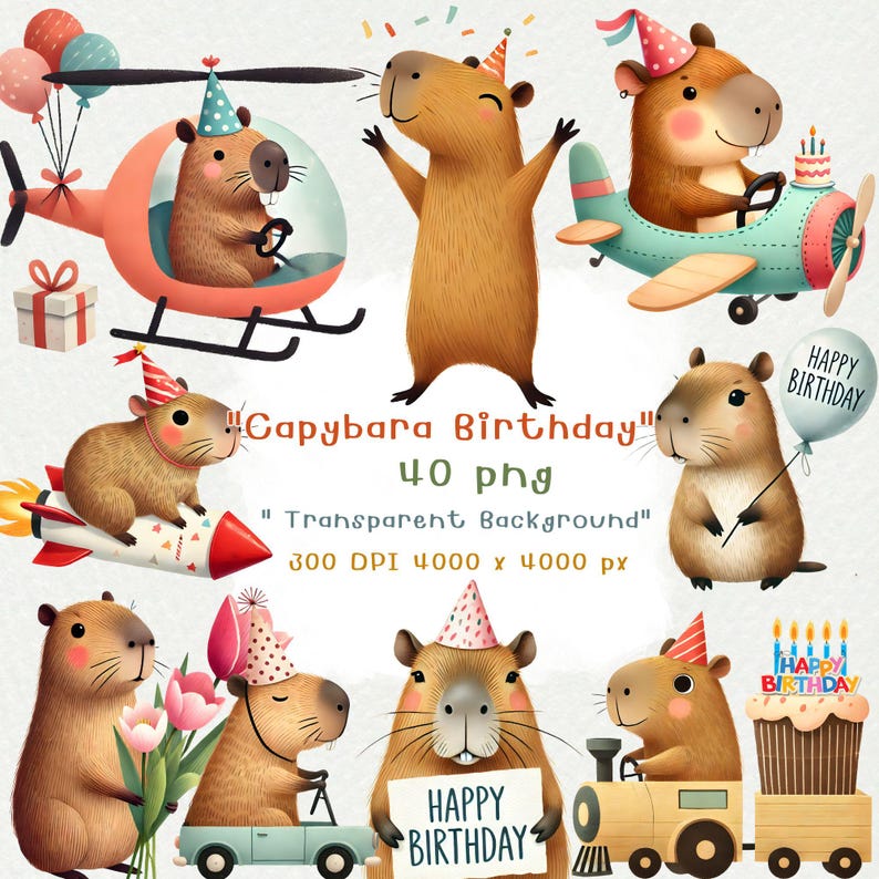 Capybara Birthday Clipart, Nursery Kids PNG (digital Download) - Etsy