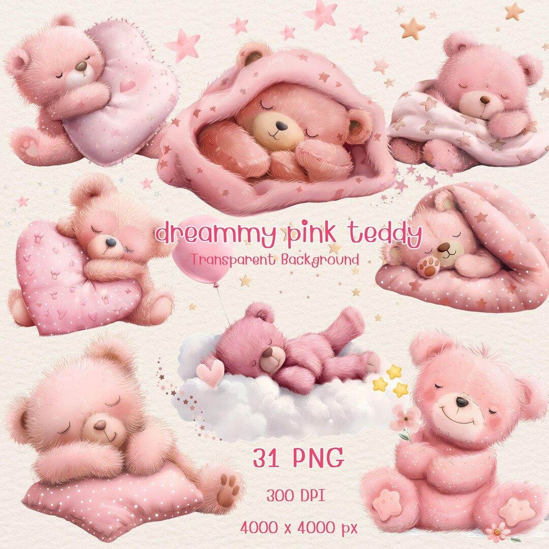 Watercolor Pink Teddy Bear Clipart, Pink Baby Teddy Bear Clipart, Pink ...