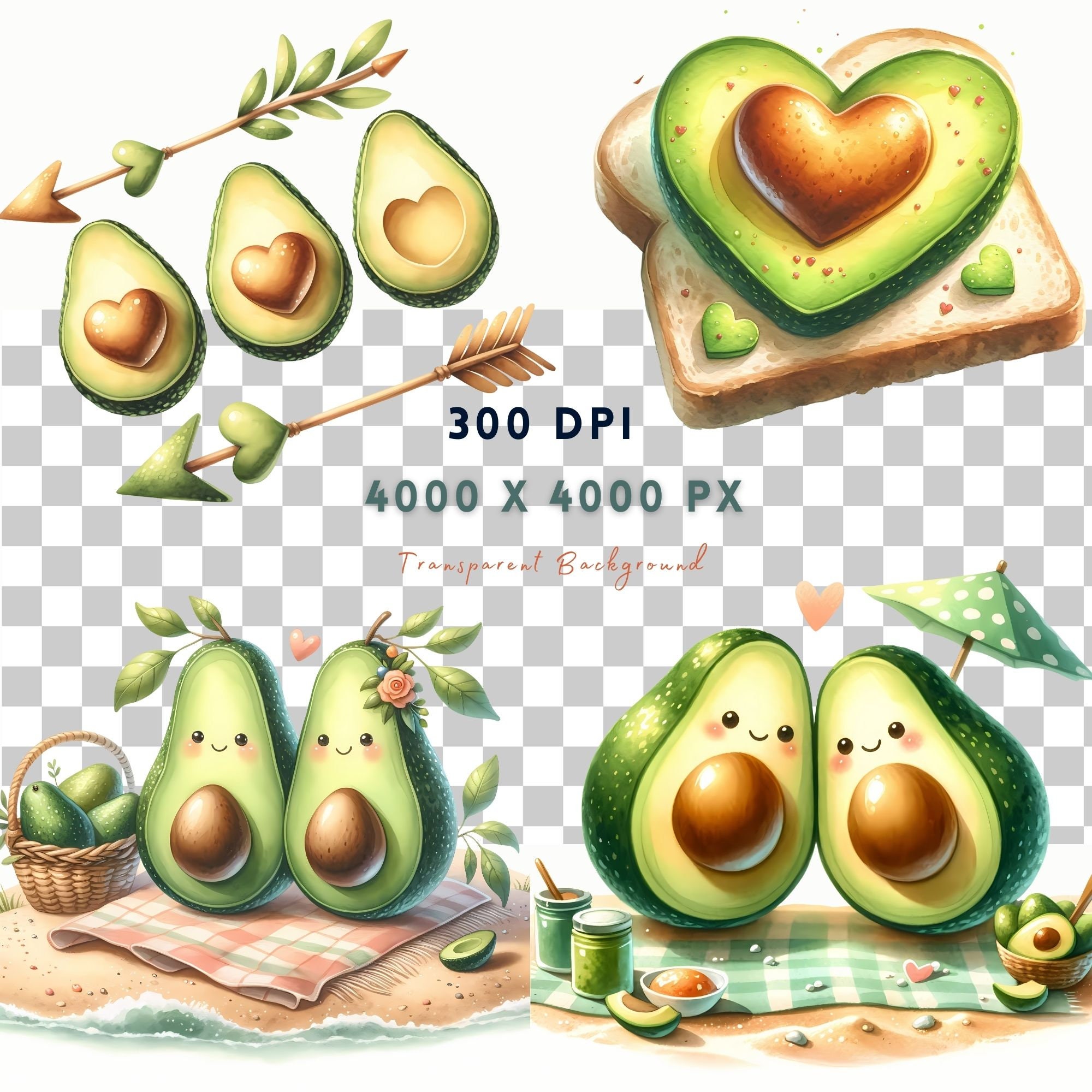 Watercolor Valentine Avocado Clipart, Avocado PNG, Valentine Clipart ...