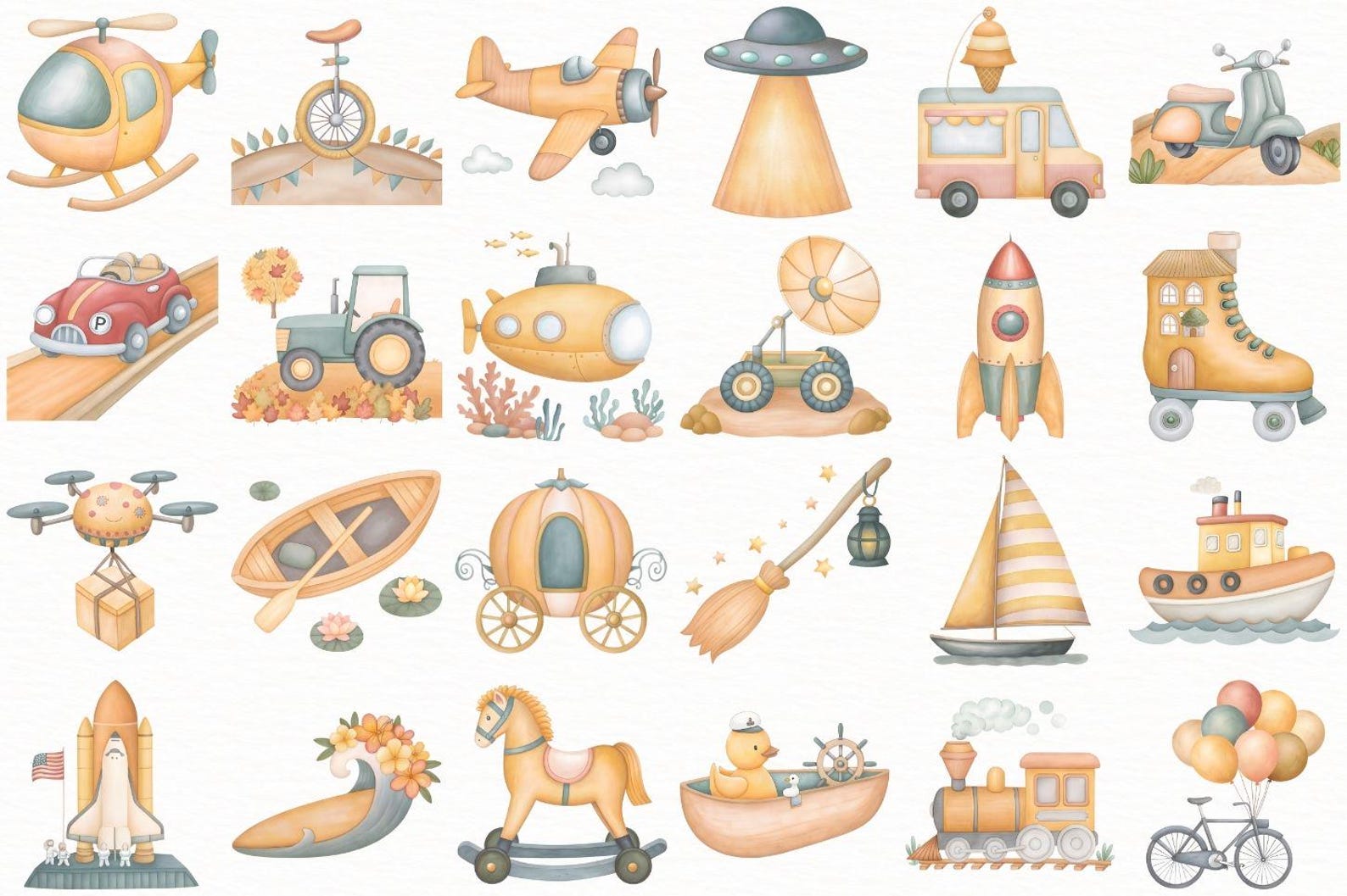 Watercolor Transportation Clipart: Vintage Vehicles (PDF Download) - Etsy