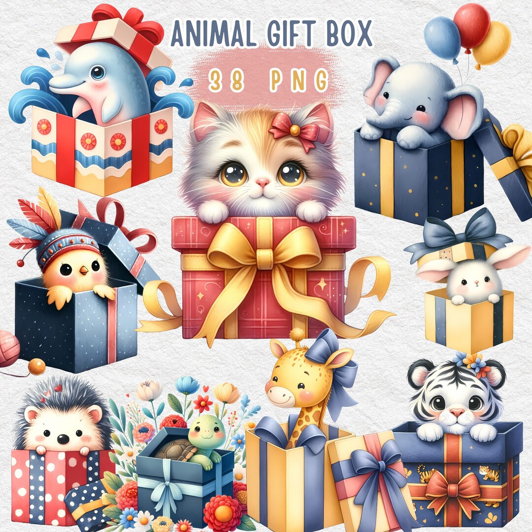 Animal Gift Box, Animal Clipart , Animal Clipart for Baby, Gift Box ...