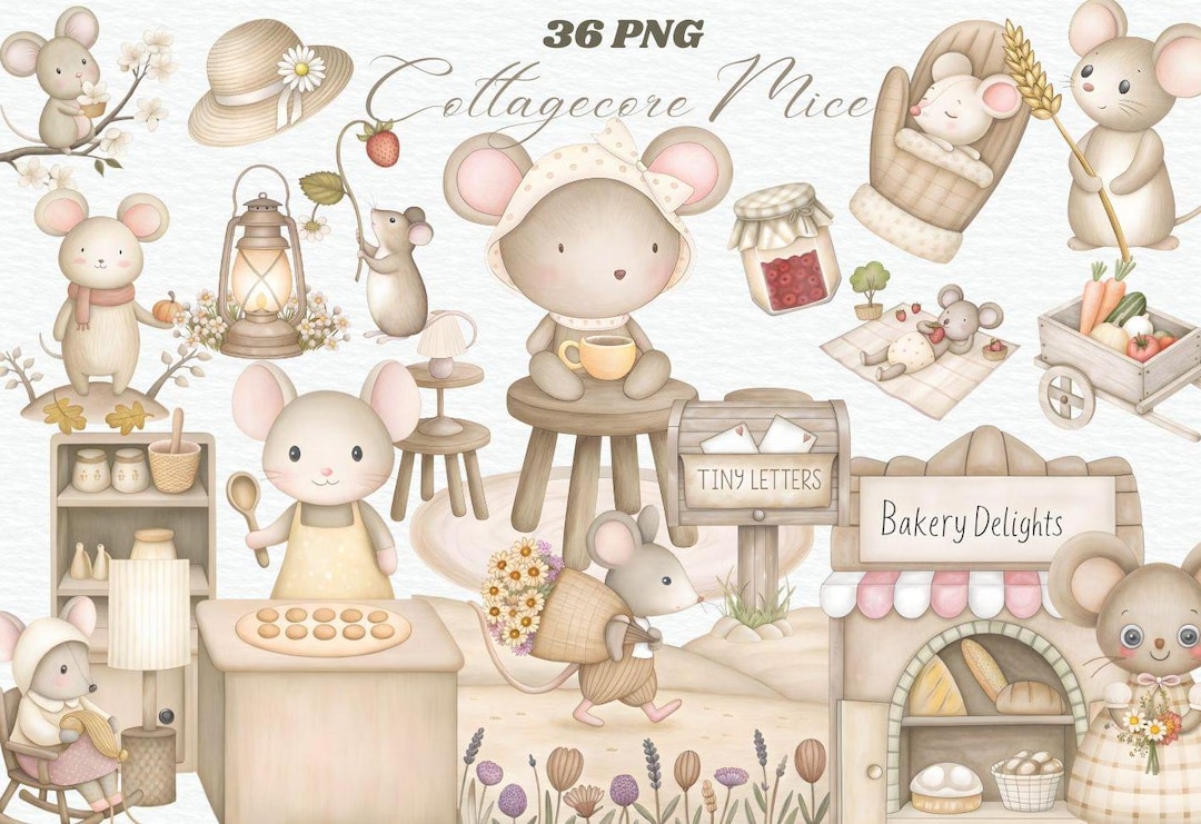 Cottagecore Mice Clipart , Whimsical Mouse Illustrations, Cozy Village ...
