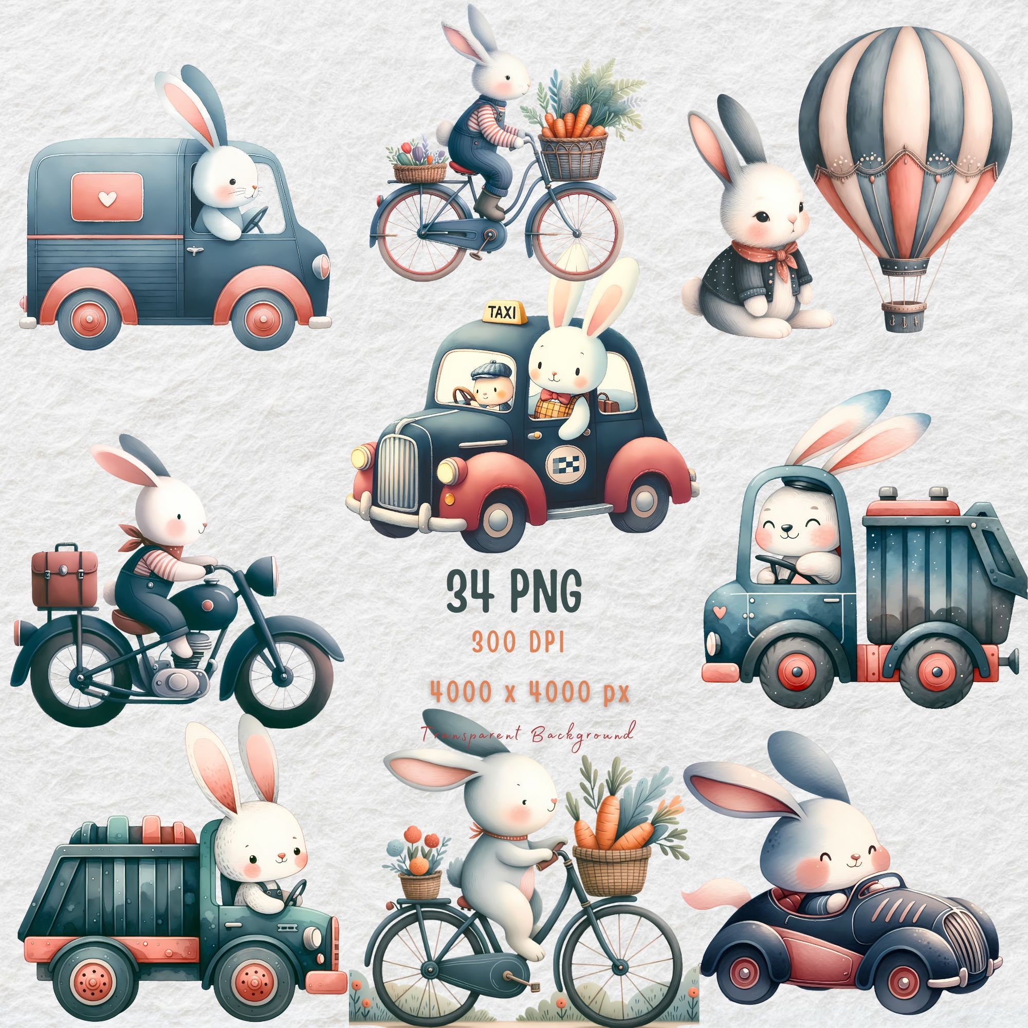 Cute Rabbit Clipart, Bunny Clipart PNG, Vintage Rabbits Clipart, Cute ...